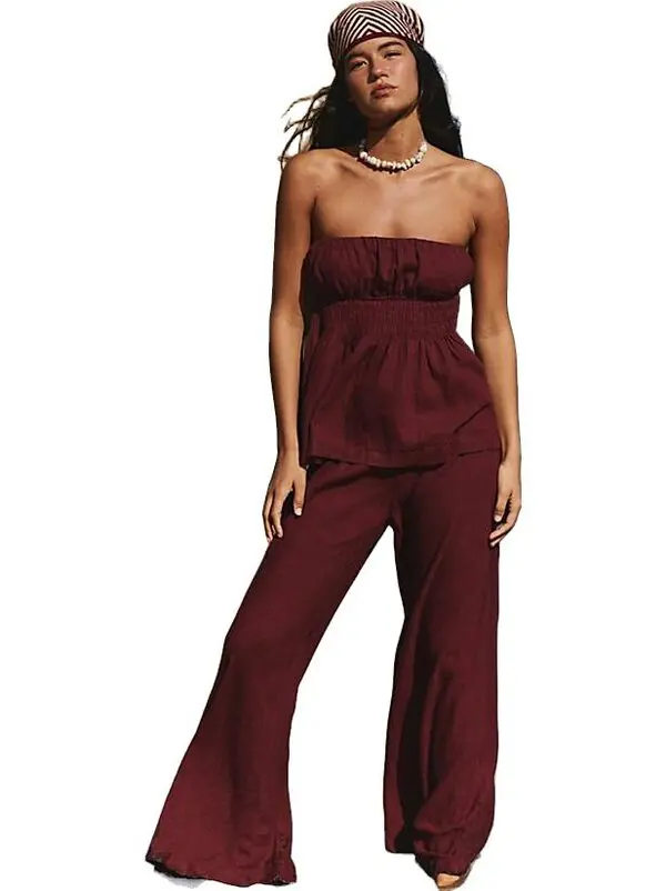 Free People Linen Strapless Peplum Top And Wide-leg Pants Set - Chocolate Truffle