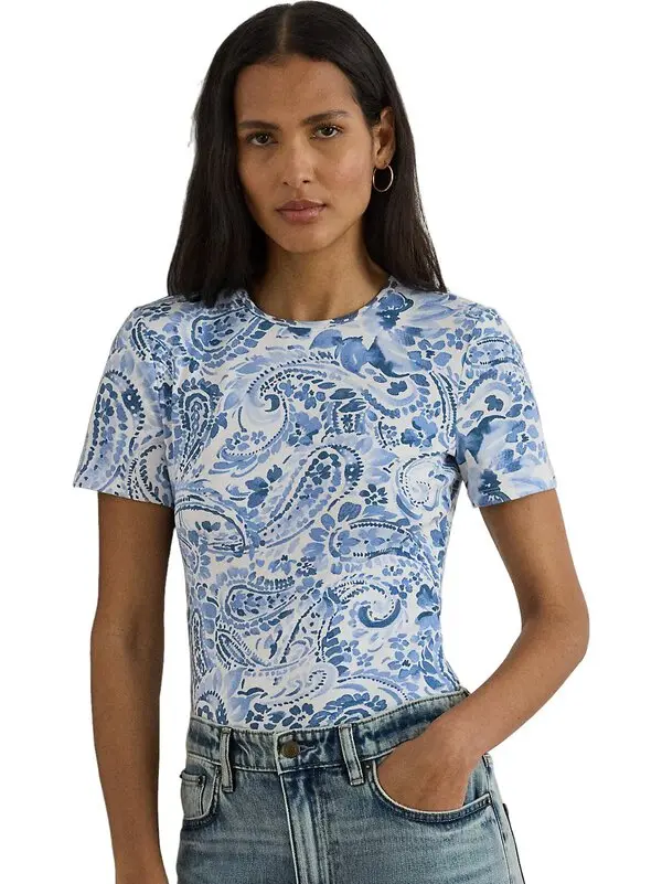 Ralph Lauren Paisley Stretch Cotton Crewneck Tee - White/blue