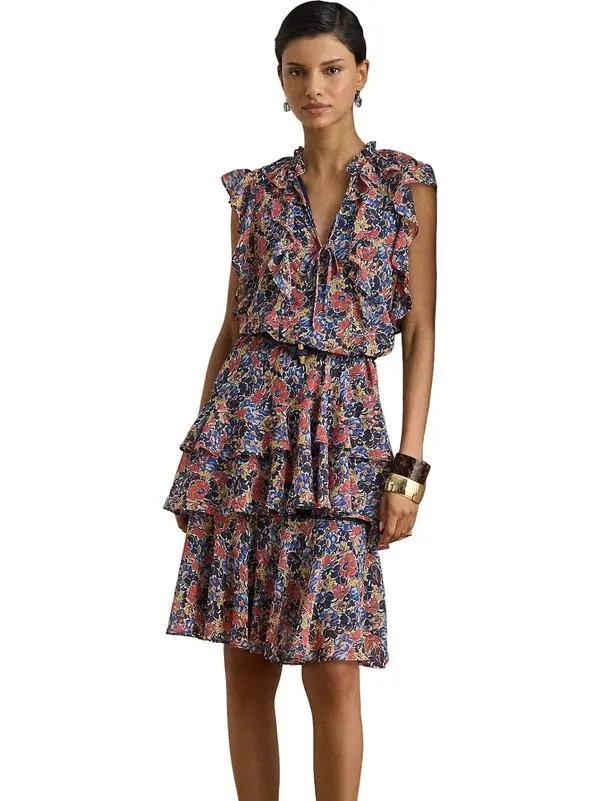 Ralph Lauren Floral Ruffle-trim Georgette Dress - Cream/red/blue