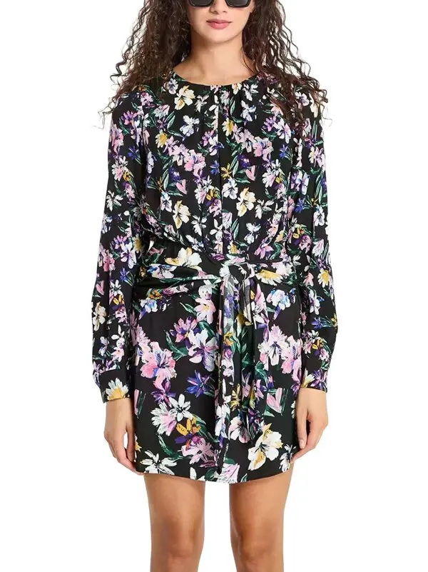 Desigual Floral Print Long Sleeve Tie Waist Dress - Black