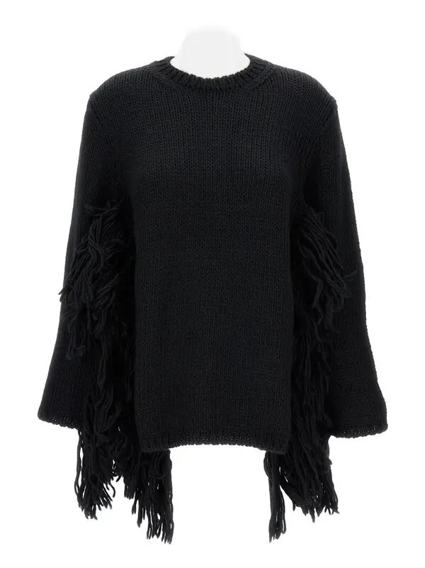 Comme Des Garçons Wool Cable Knit Sweater With Fringe Hem - Black