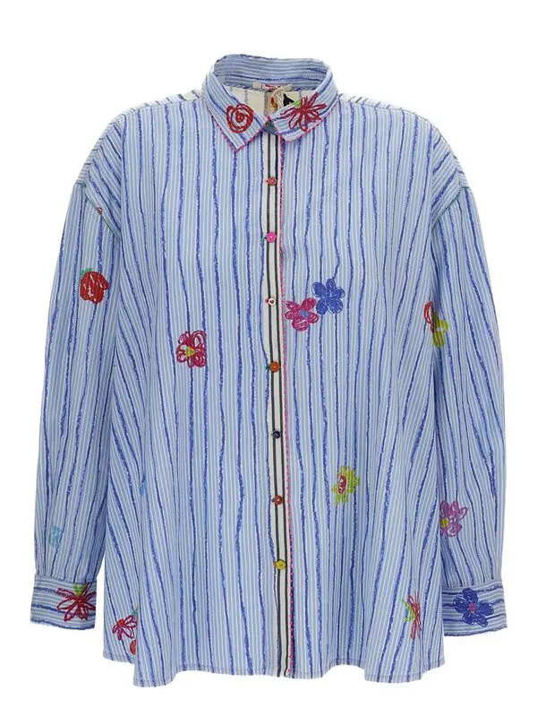 Pero Cotton Shirt With Floral Embroidery And Vertical Stripes - Multicolor