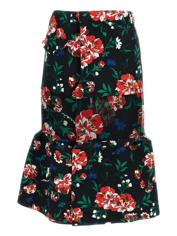 Sacai Floral Print Asymmetrical Ruffle Midi Skirt - Black