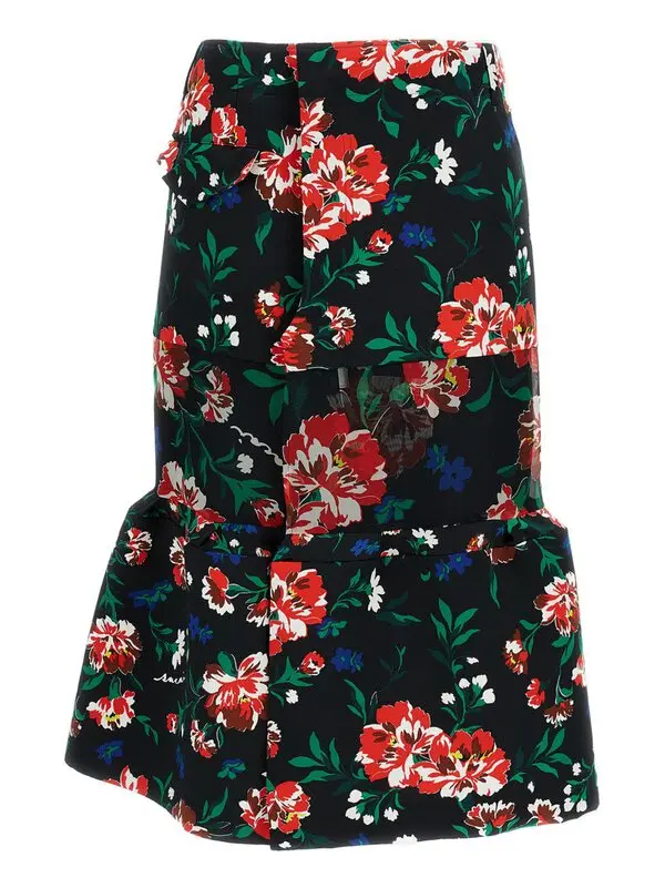 Sacai Floral Print Asymmetrical Ruffle Midi Skirt - Nero