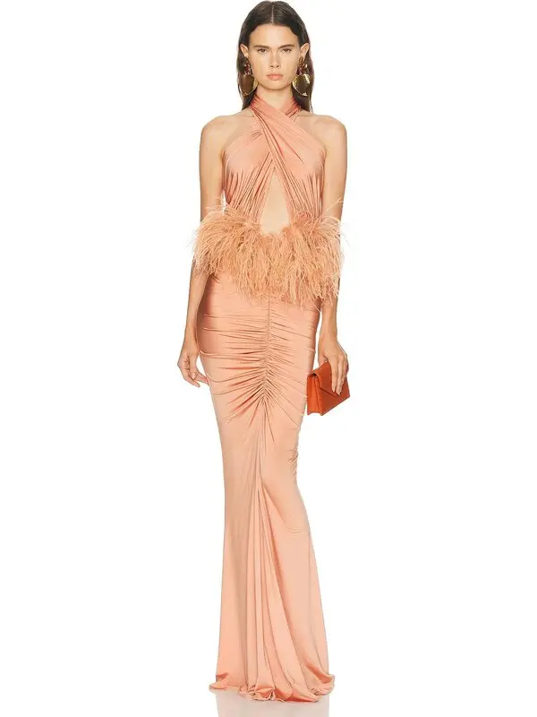 Lapointe Sleeveless Feather Trim Ruched Gown - Dune