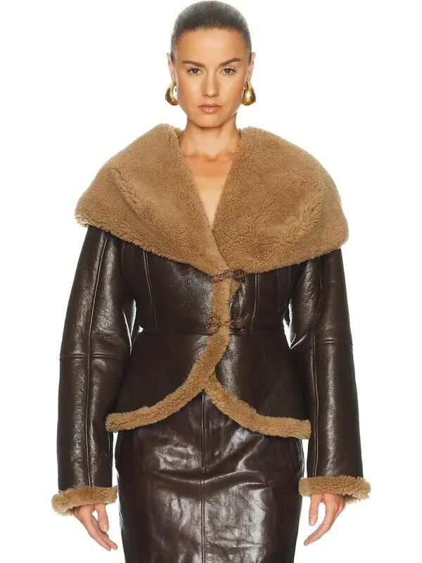 Magda Butrym Leather Shearling Hooded Jacket - Brown