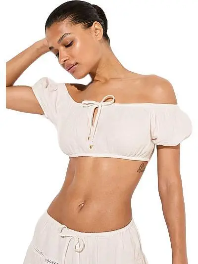 Victoria's Secret Cotton Gauze Off-the-shoulder Puff Sleeve Crop Top - White,ivory