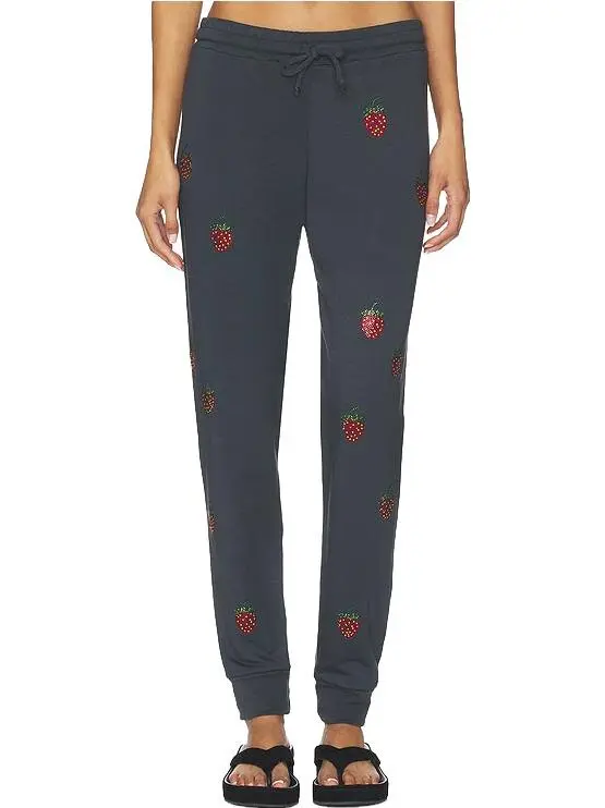 Lauren Moshi Embroidered Strawberry Fleece Lounge Pants - Black