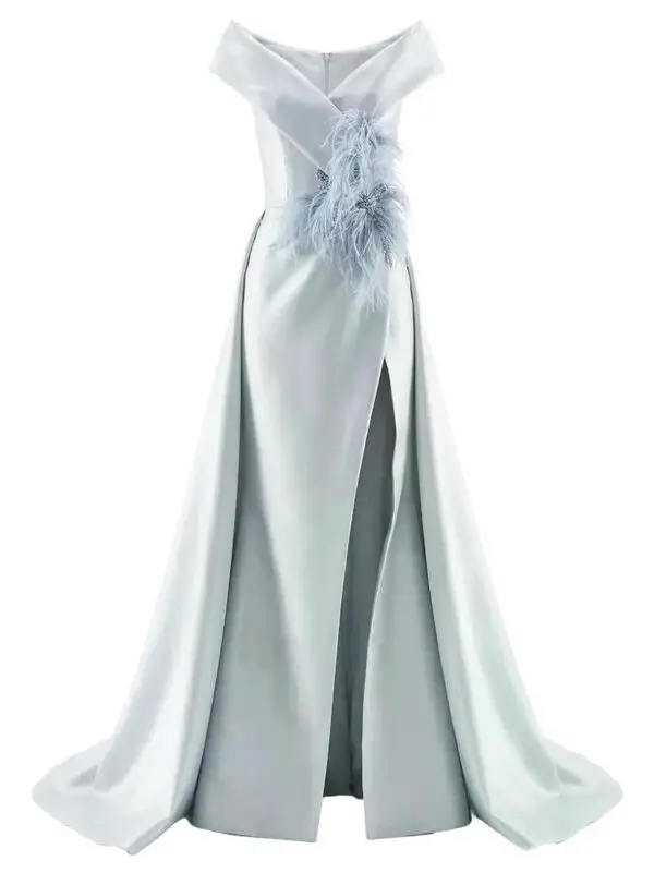 GATTINOLLI BY MARWAN Feather-embellished Off-shoulder Gown - Silver