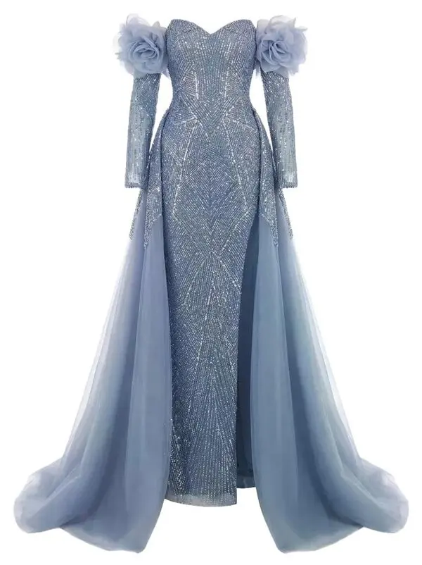GATTINOLLI BY MARWAN Off-shoulder Sequin Gown - Blue