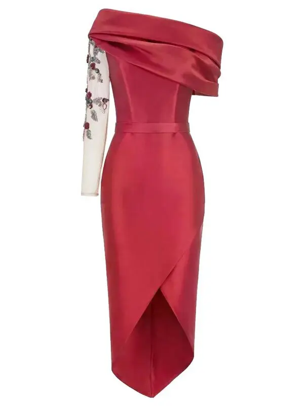 GATTINOLLI BY MARWAN Embroidered Sleeve Wrap Midi Dress - Red