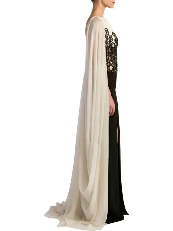 GATTINOLLI BY MARWAN Embroidered Cape-sleeve Gown - Neutrals