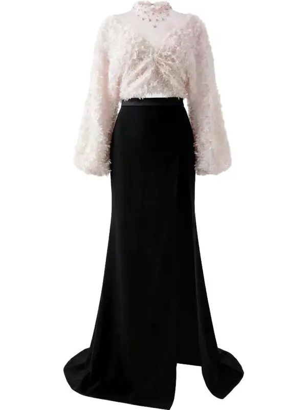 GATTINOLLI BY MARWAN Floral Motif High Slit Set - Black