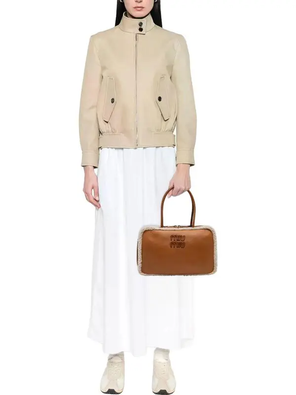 Miu Miu Shearling Trimmed Calfskin Logo Shoulder Bag - Brown