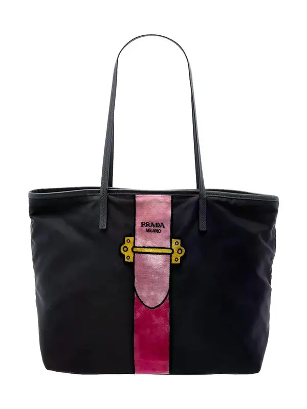Prada Tessuto Velvet Embroidery Trompe L'oeil Tote Bag - Black