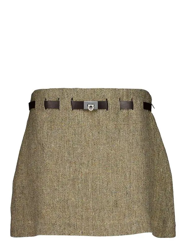 FERRAGAMO Linen Mini Skirt With Gancini Belt - Beige
