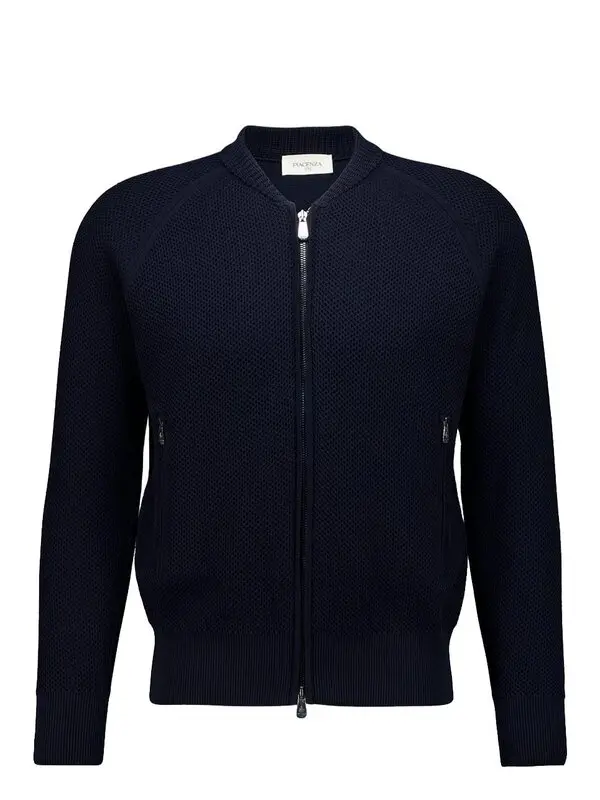 PIACENZA CASHMERE 1733 Navy Cotton Textured Zip-up Bomber Jacket - Blue