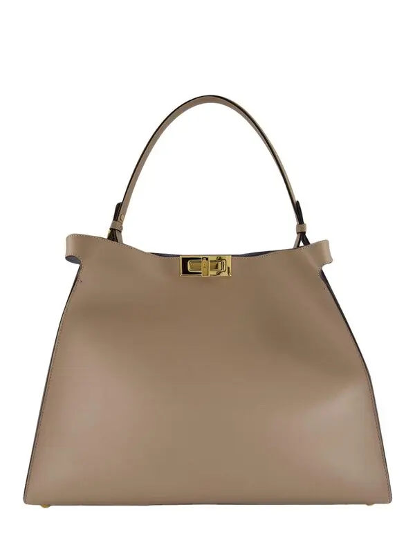 Fendi Large Dove Grey Calfskin Shoulder Bag With Gold-tone Turn Lock - Beige