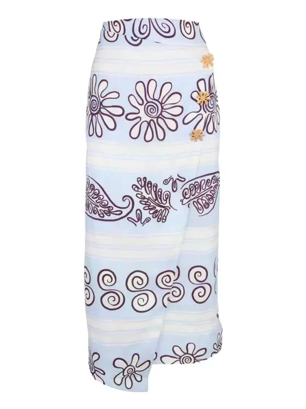 CALA DE LA CRUZ Linen Floral Print Wrap Skirt - Blue