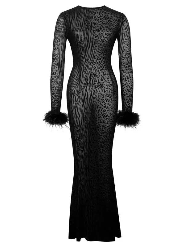MISS CIRCLE NEW YORK Leopard Burnout Velvet Mesh Maxi Dress - Black