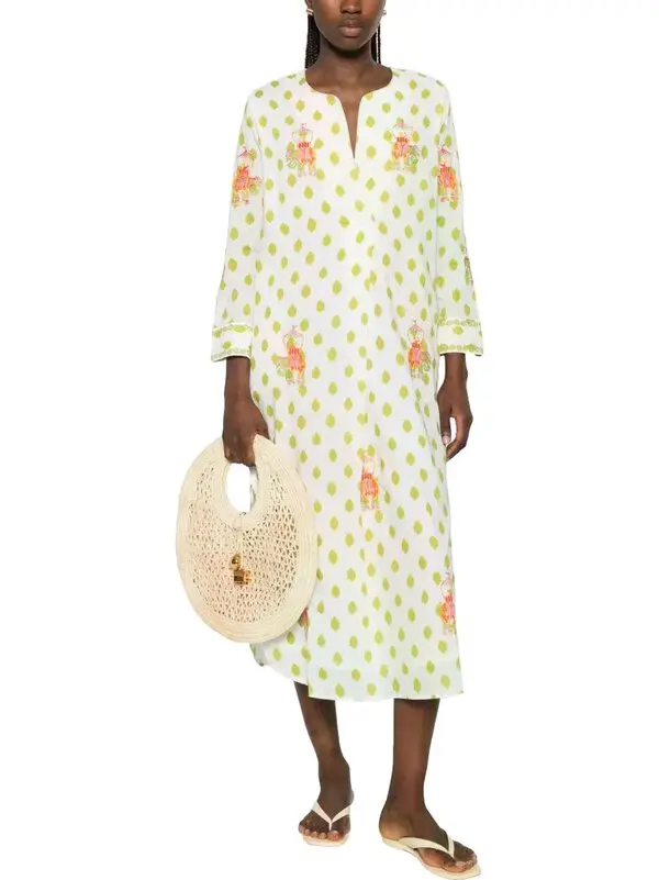 Nimo With Love Ikat Print Midi Dress With Elephant Embroidery - Neutrals