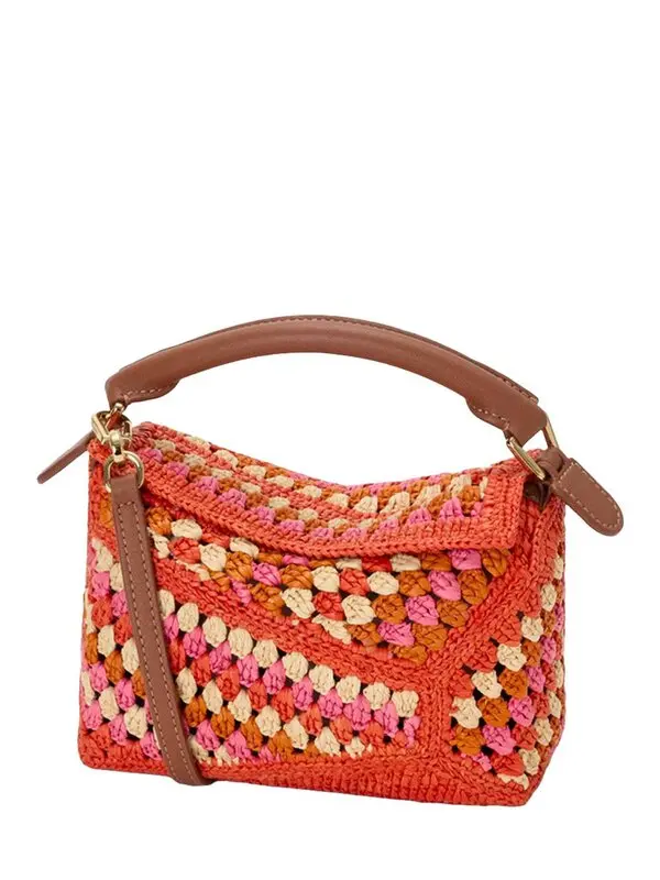 Loewe Mini Puzzle Edge Bag In Raffia - Orange