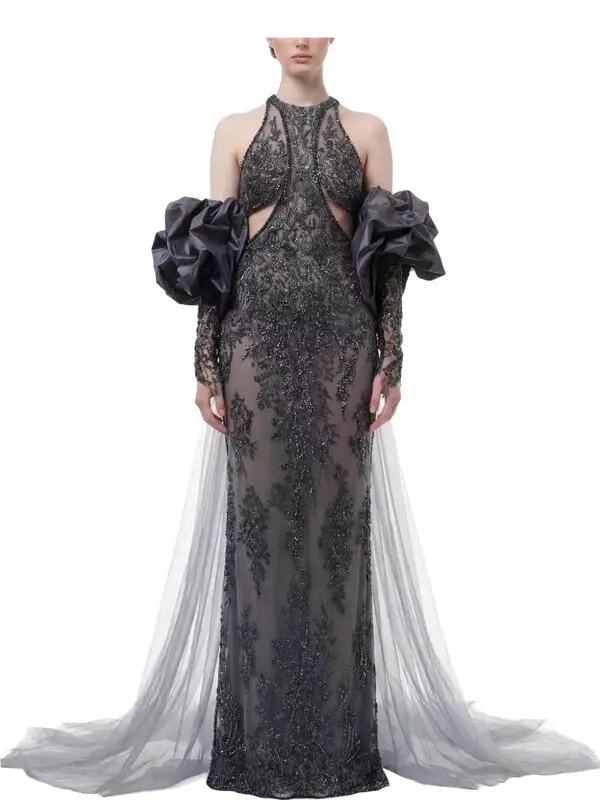 GATTINOLLI BY MARWAN Floral Bead-embellished Gown - Grey