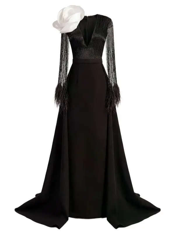 GATTINOLLI BY MARWAN Flower-detail Fringed Mermaid Gown - Black