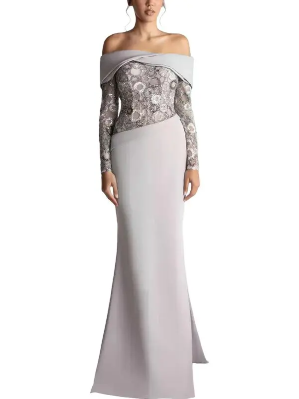 GATTINOLLI BY MARWAN Off-shoulder Embroidered Gown - Grey