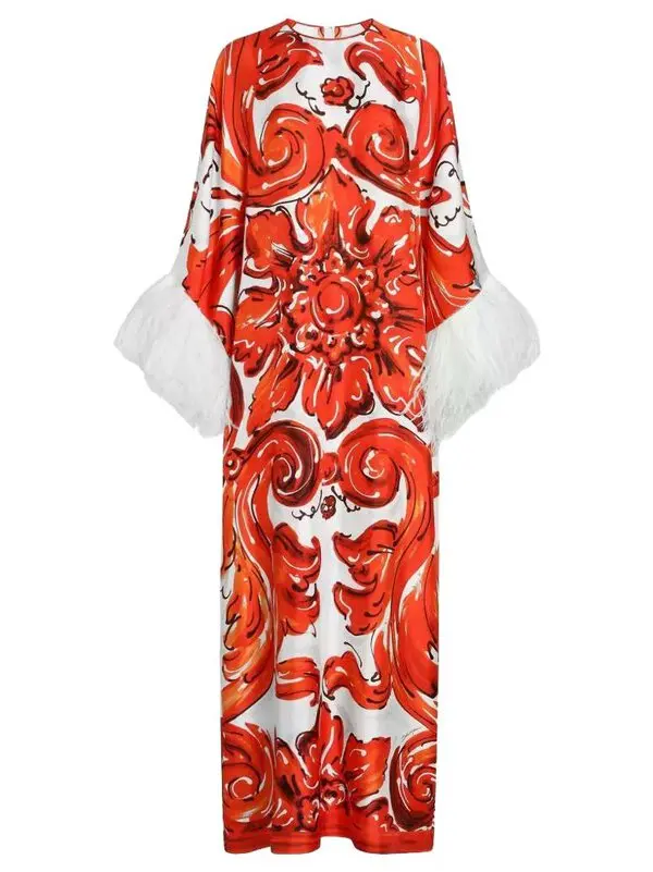 Dolce & Gabbana Majolica-print Long Kaftan Dress With Feather Trim - Red