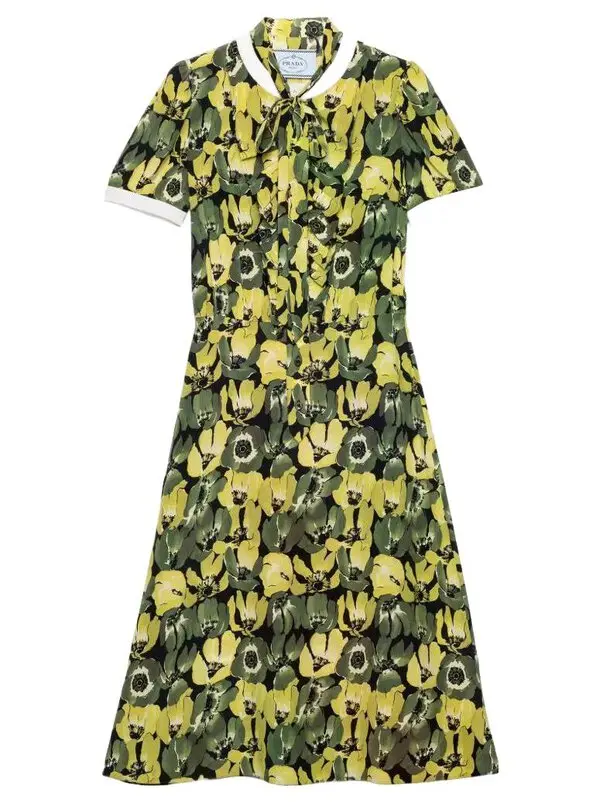 Prada Printed Crepe De Chine Dress - Yellow