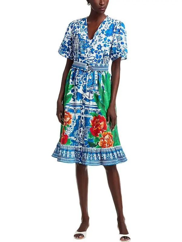 T Tahari V-neck Button-down Printed Midi Dress - Bliss Garden