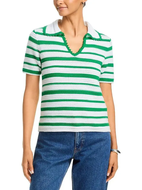 T Tahari Striped Collared Knit Top - White Star