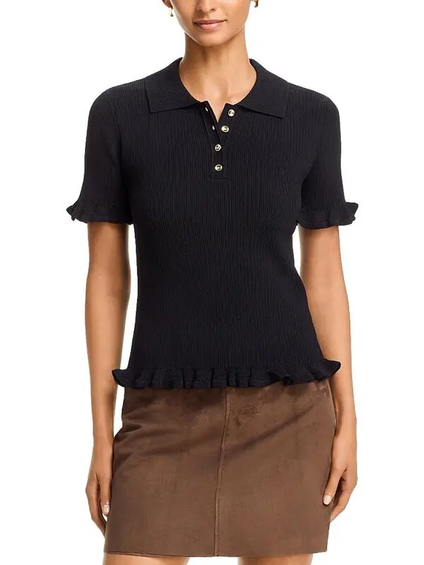 T Tahari Ribbed Ruffle Polo Top - Black