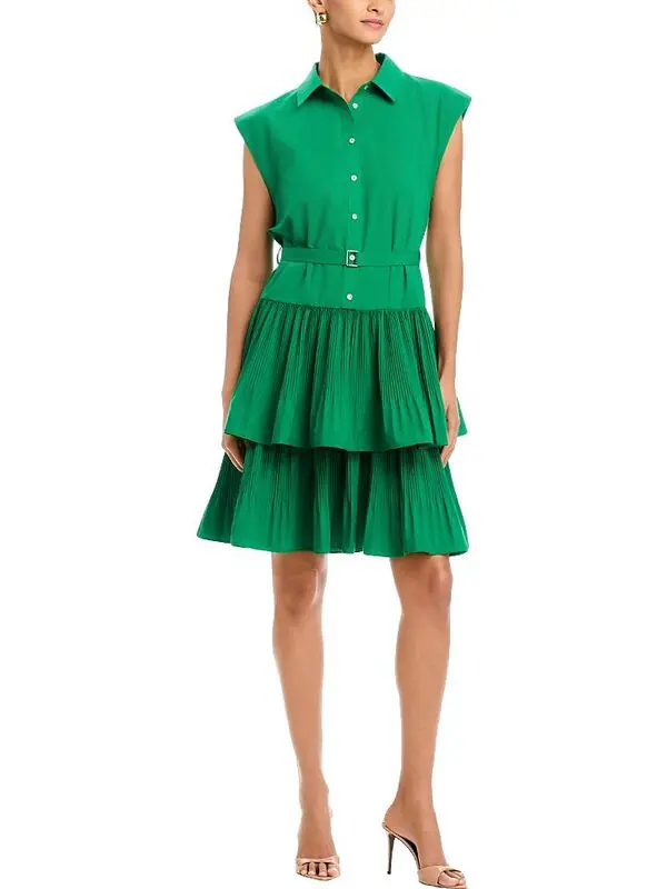 T Tahari Cap Sleeve Button Down Tiered Dress - Jungle Palm