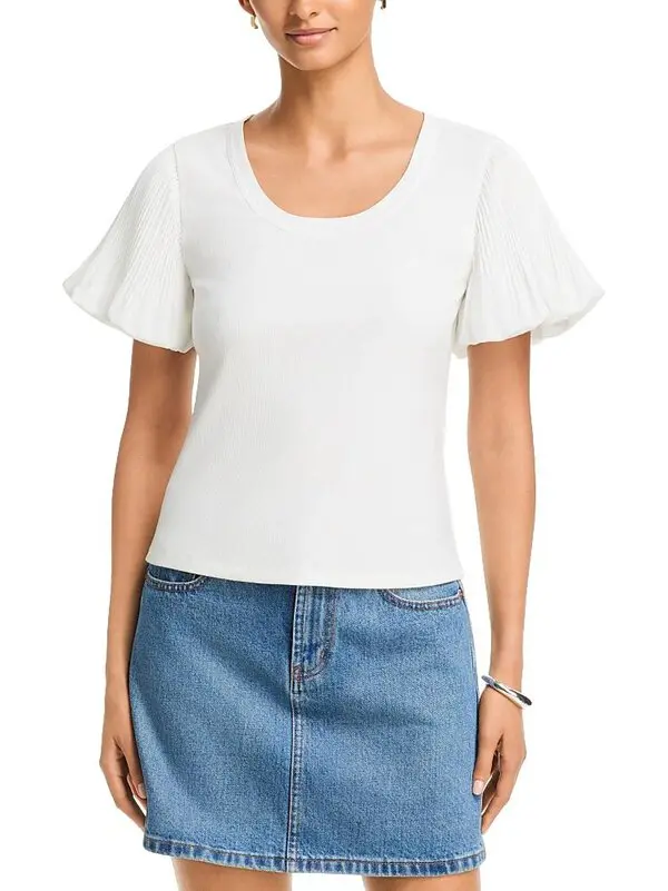 T Tahari Pleated Sleeve Scoop Neck Top - White Star