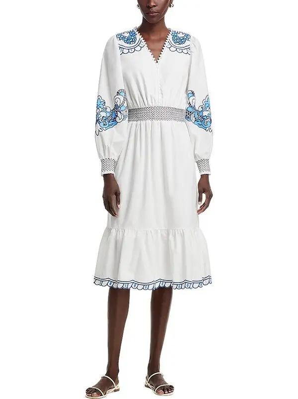 T Tahari V-neck Embroidered Tiered Dress - White Star