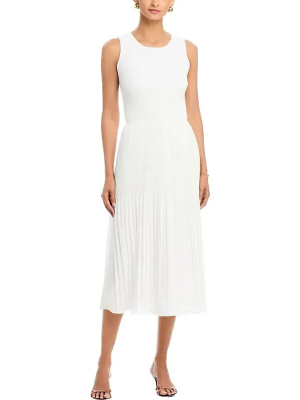 T Tahari Sleeveless Ribbed Top Pleated Midi Dress - White Star