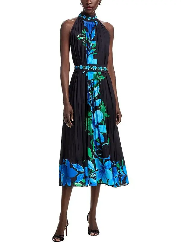 T Tahari High Neck Floral Pleated Midi Dress - Artist's Floral