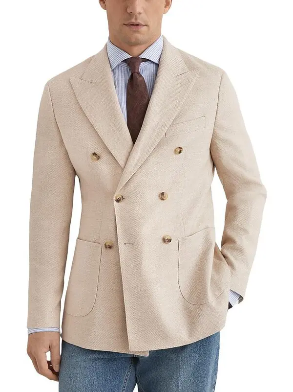 REISS Manci Double Breasted Herringbone Blazer - Stone