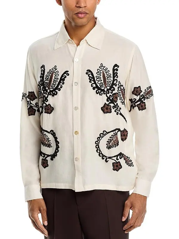 KARTIK RESEARCH Embroidered Box Shirt - Ecru/black/brown
