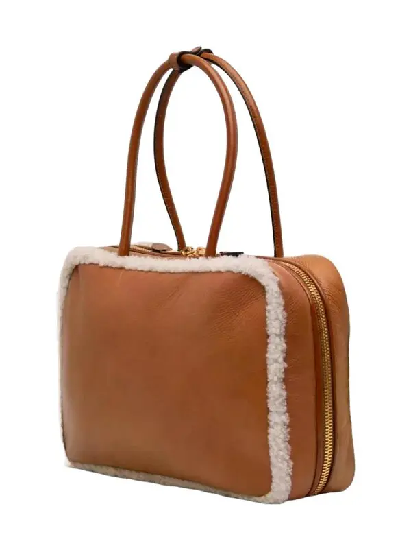 Miu Miu Shearling Trimmed Calfskin Logo Shoulder Bag - Brown