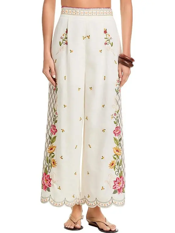 Farm Rio Embroidered Linen Blend Wide Leg Pants - Off-white