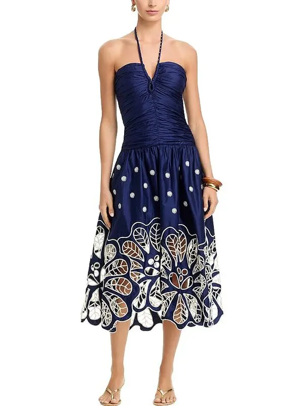 Farm Rio Halterneck Ruched Dress - Dark Blue