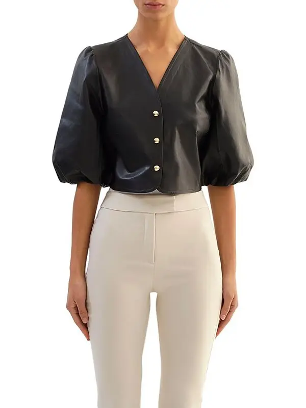 LAMARQUE Franka Leather Balloon Sleeve Blouse - Black