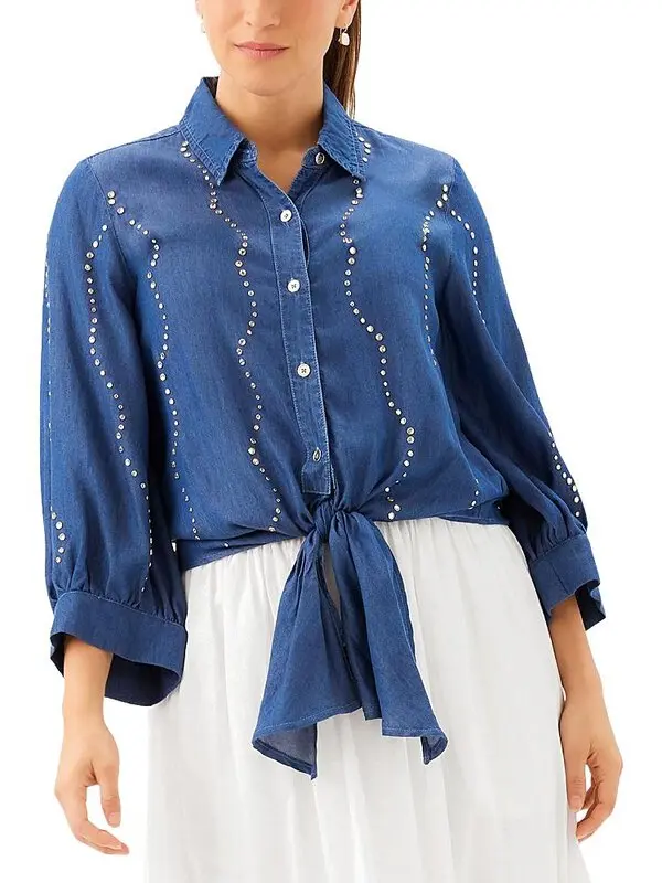 Karen Kane Blouson Sleeve Embellished Denim Shirt - Chambray