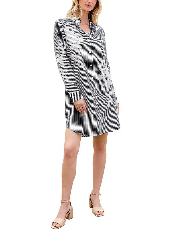 Karen Kane Roll Tab Stripe Embroidered Shirt Dress - Black/off White