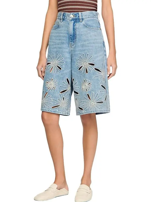Sandro Embroidered Denim Bermuda Shorts - Blue Jean