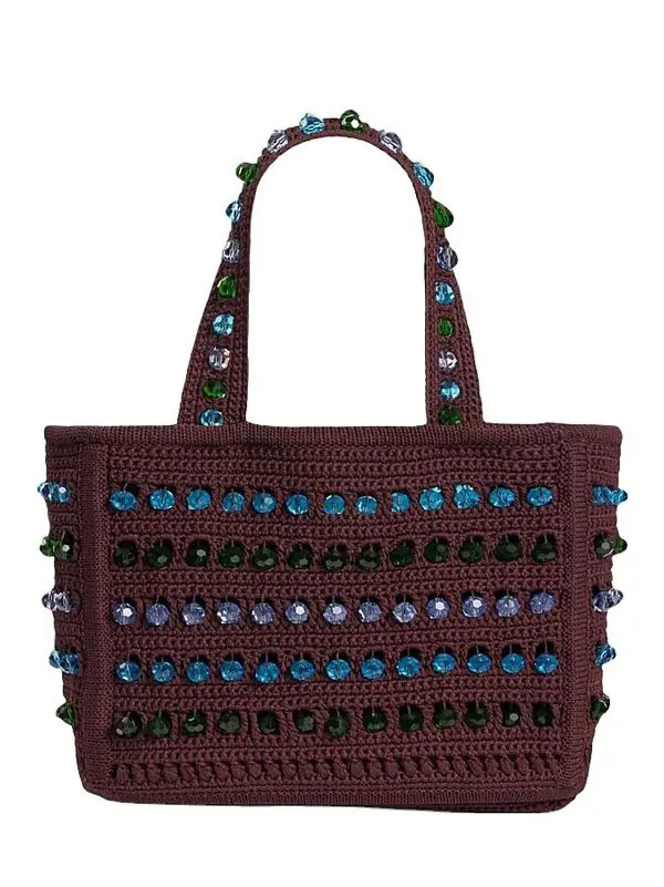 Sandro Beaded Crochet Mesh Tote Bag - Brown