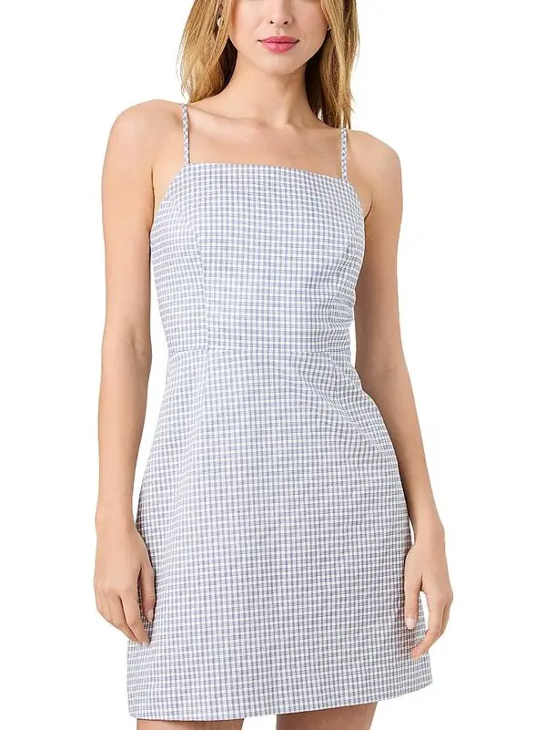 French Connection Square Neck Mini Dress With Gingham Checks - Summer White Indigo